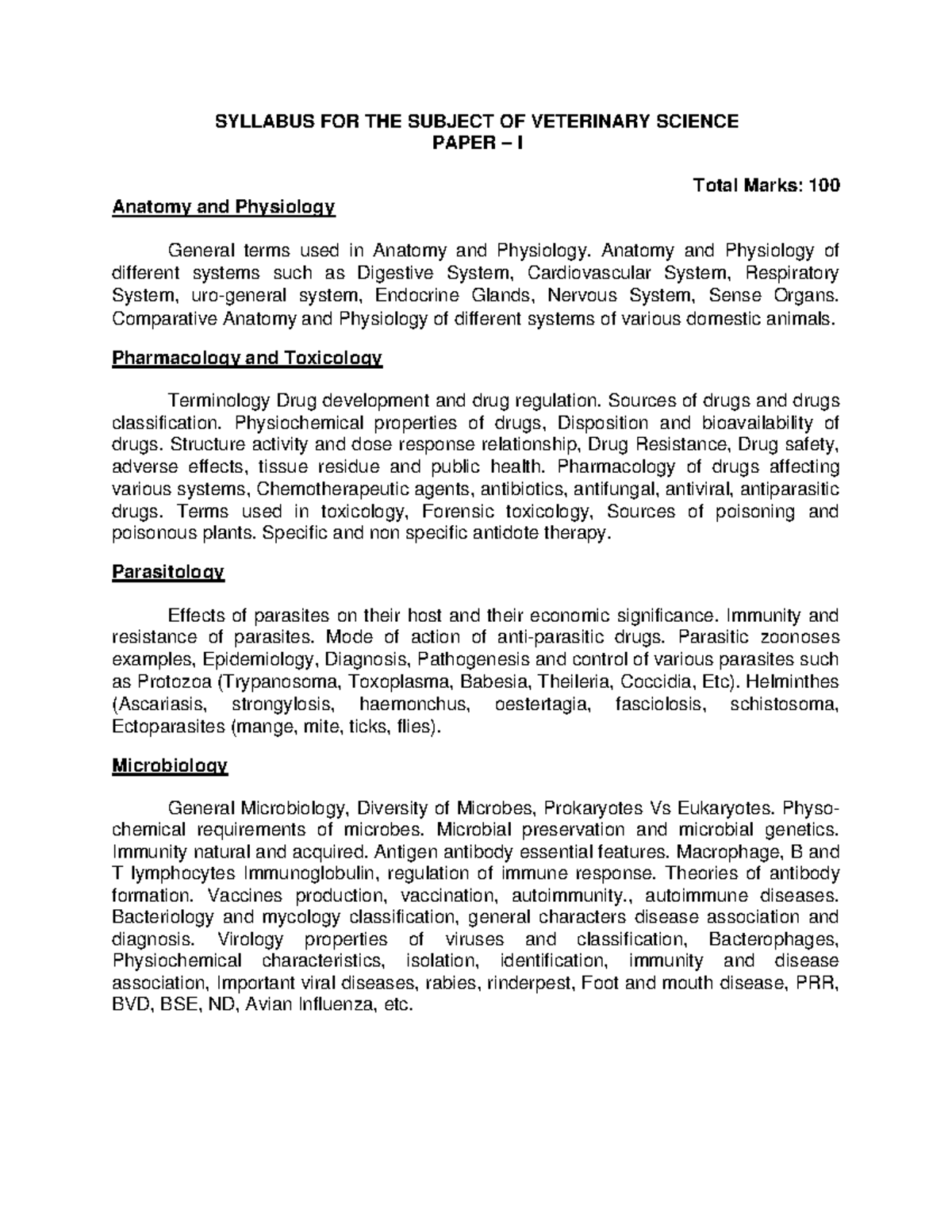Pms optional papers - Practice - SYLLABUS FOR THE SUBJECT OF VETERINARY ...