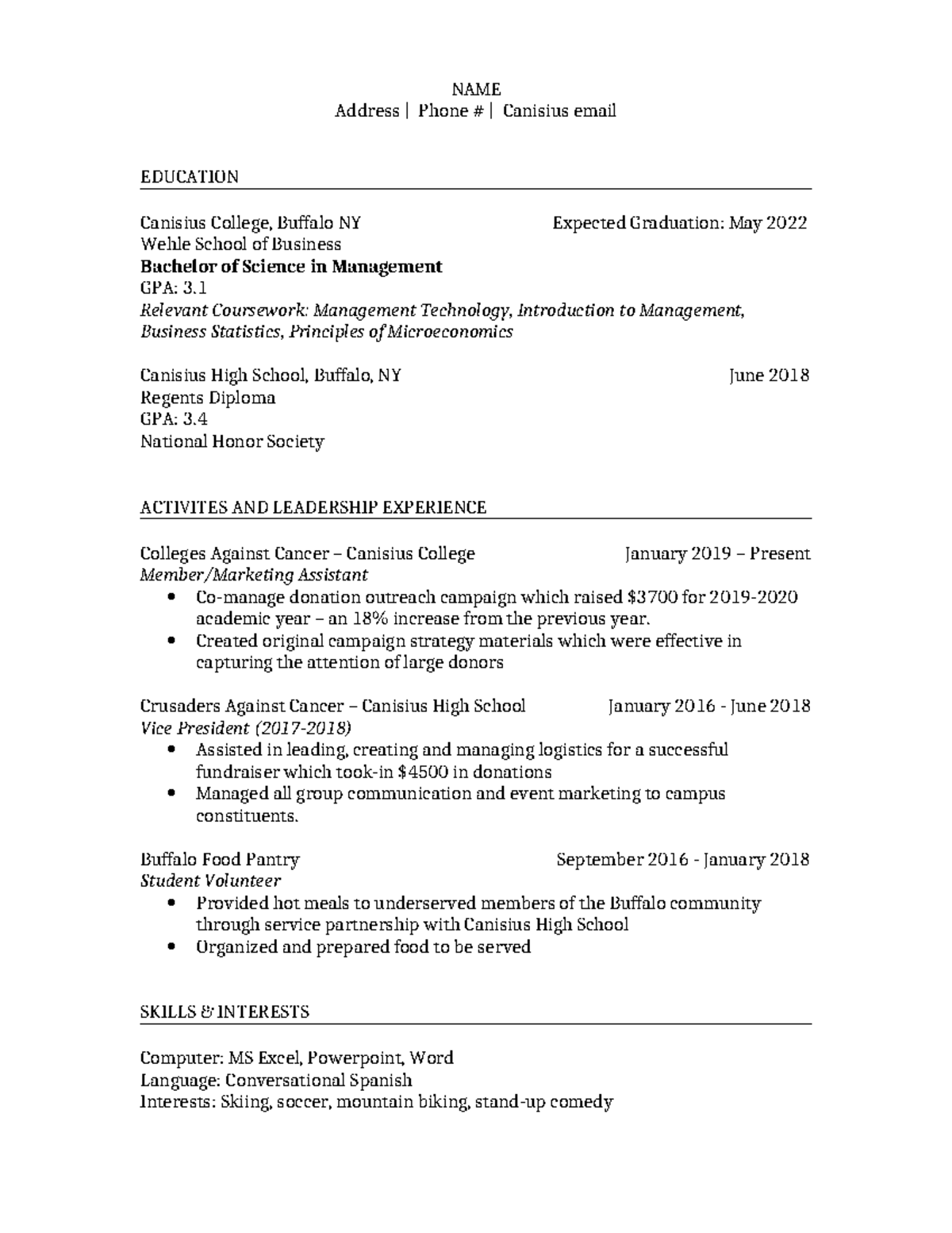 Resume Sample with NO Work Experience - NAME Address | Phone ...