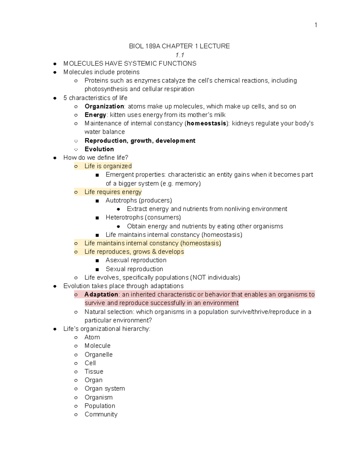 BIOL 189 A Chapter 1 Lecture - 1 BIOL 189A CHAPTER 1 LECTURE 1. MOLECULES HAVE SYSTEMIC ...