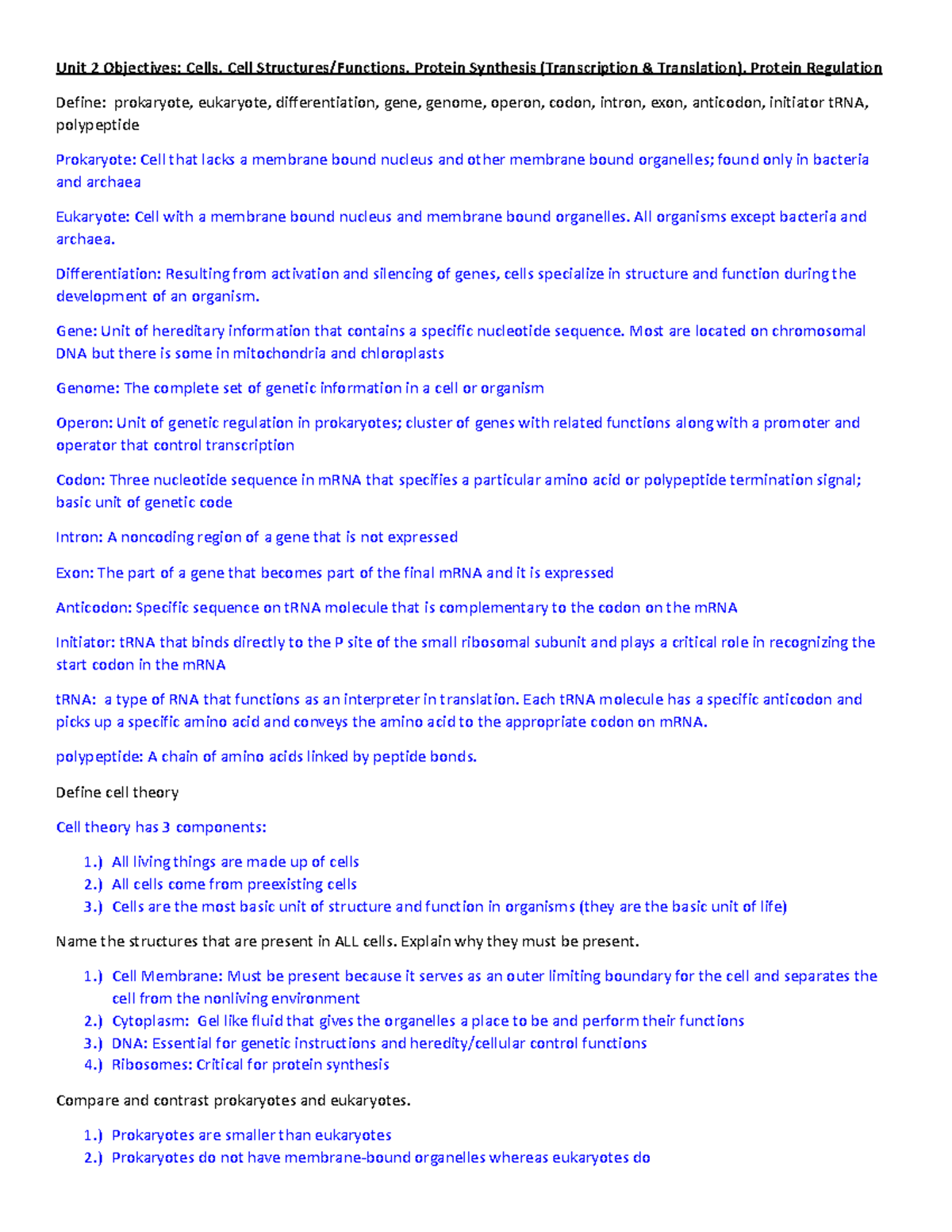 BIOL 191 Unit 2 Study Guide - Unit 2 Objectives: Cells, Cell Structures ...