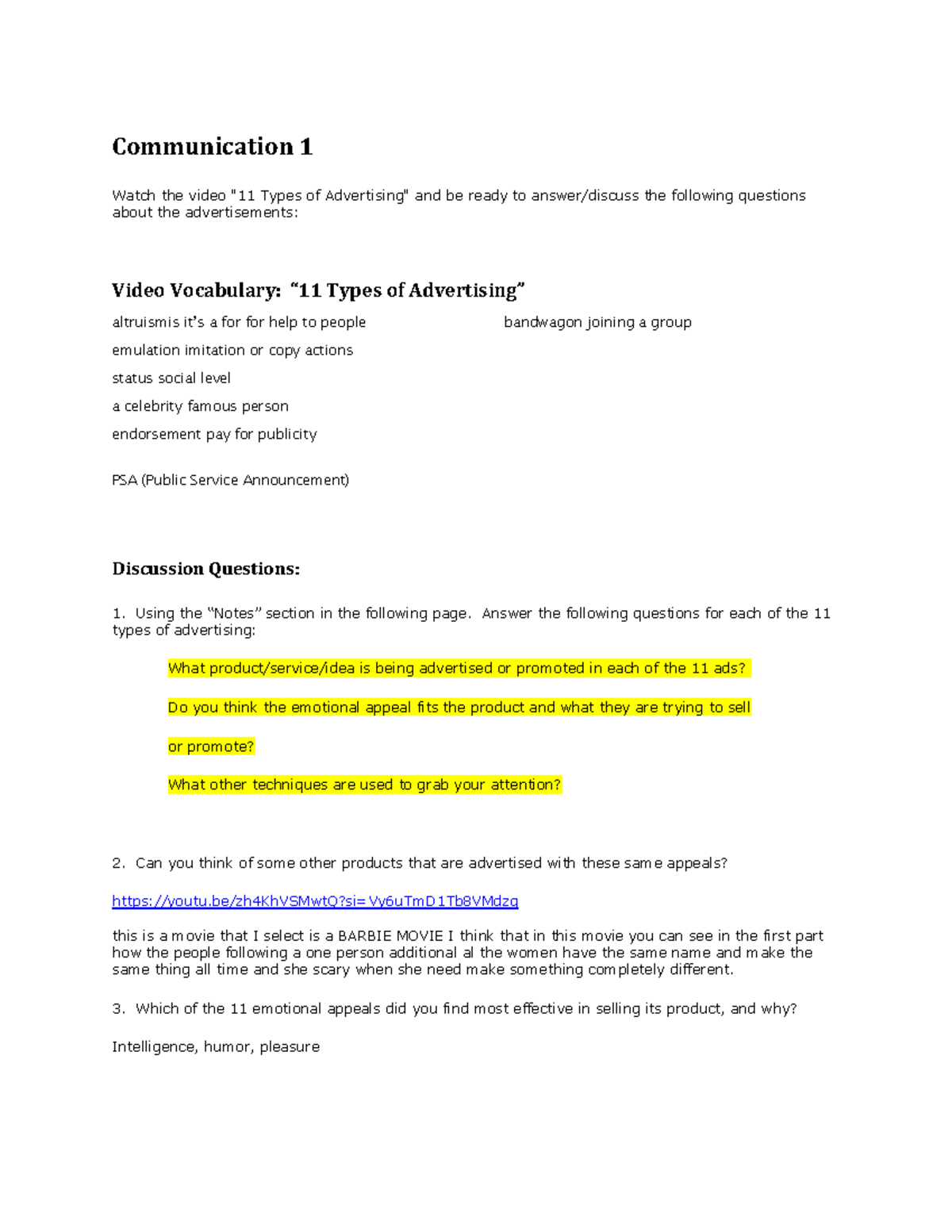 11 Types of Advertising worksheet revised - Communication 1 Watch the ...