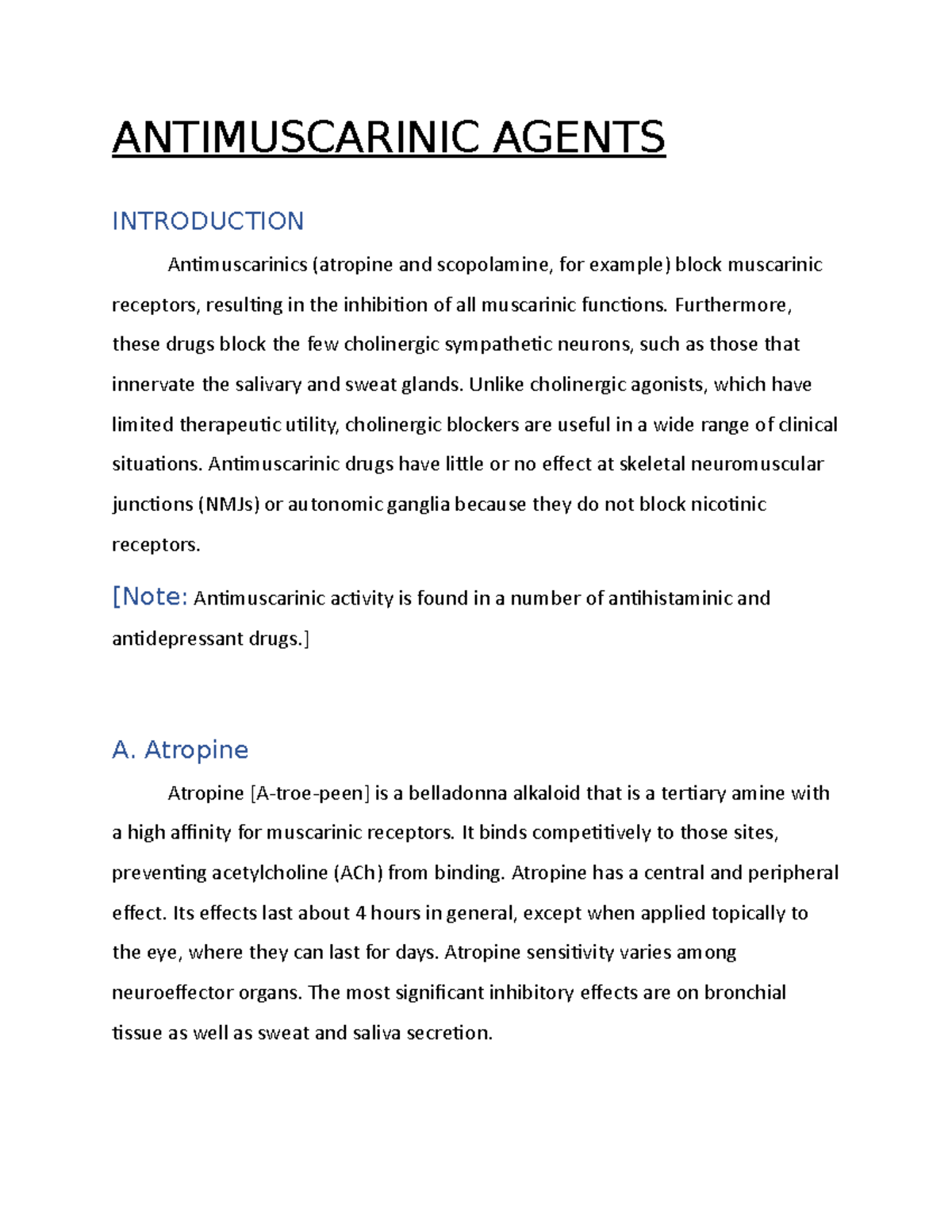 Brief NOTE ON Antimuscarinic Agents - ANTIMUSCARINIC AGENTS ...