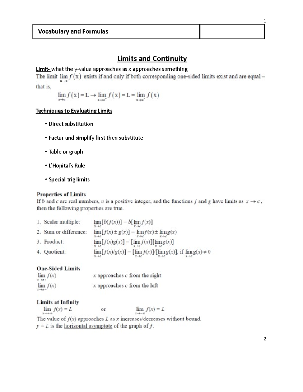 AP Calculus AB Vocabulary and Formulas - 1 Vocabulary and Formulas AP Calculus Limits and ...