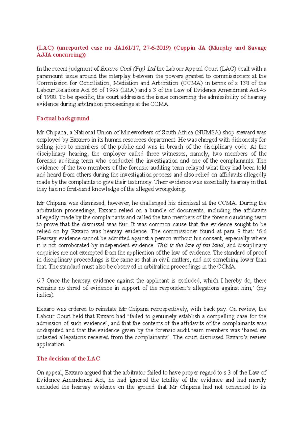 LAC - casw laws on labour law - (LAC) (unreported case no JA161/17, 27 ...
