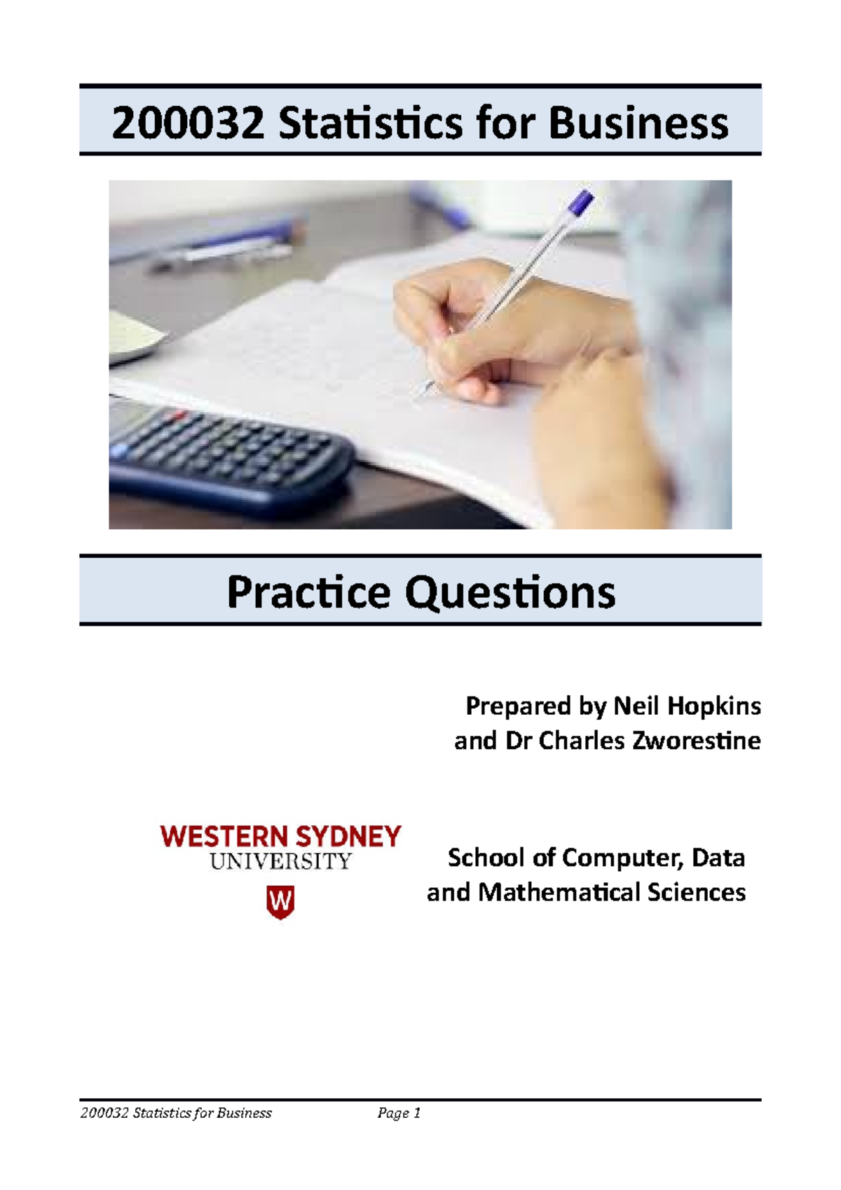 Practice Questions for final exam - 200032 Statistics for Business ...