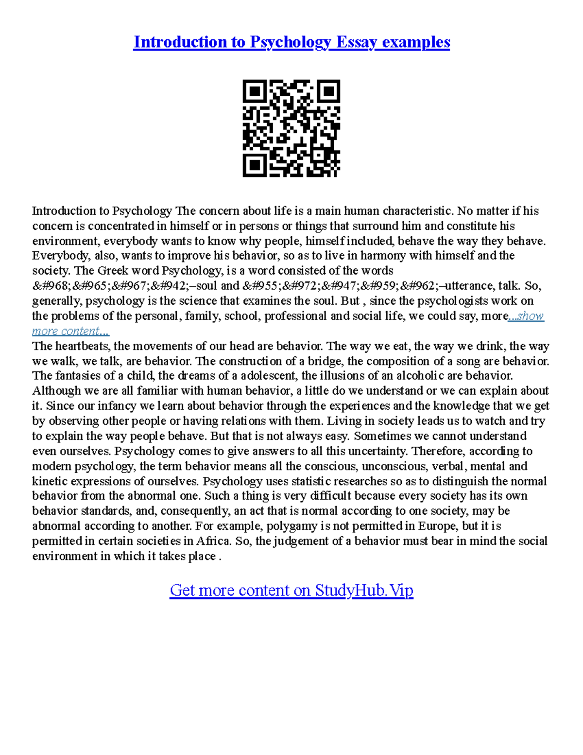 Introductory Essay Sample - Introduction to Psychology Essay examples ...