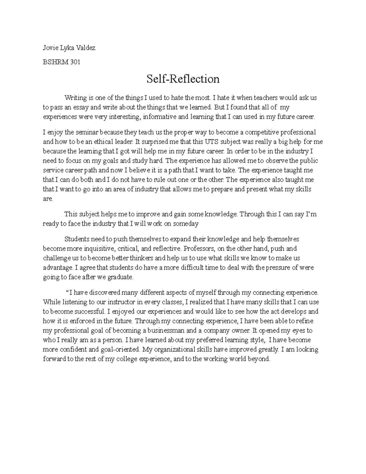 Self reflection - Jovie Lyka Valdez BSHRM 301 Self-Reflection Writing ...