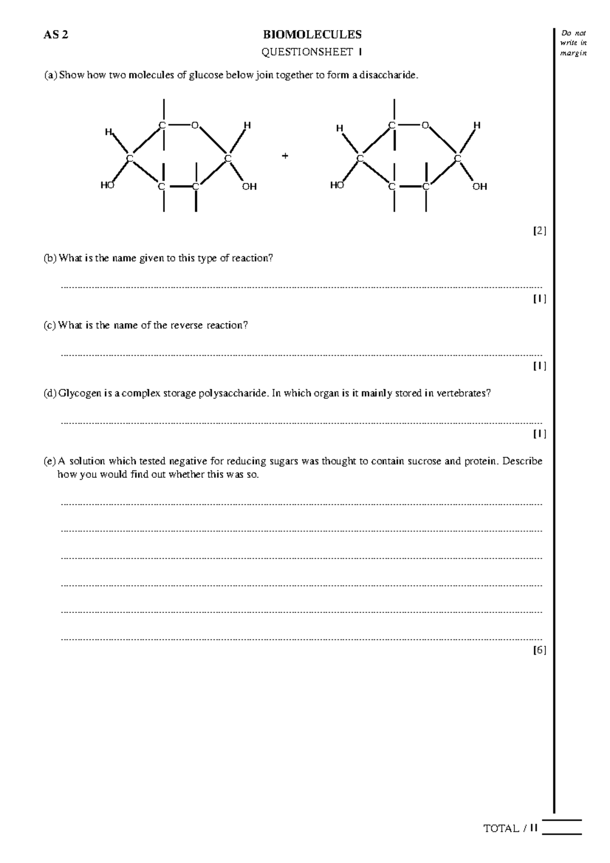 Biomolecules - quiz - QUESTIONSHEET 1 margin AS 2 BIOMOLECULES (a) Show ...