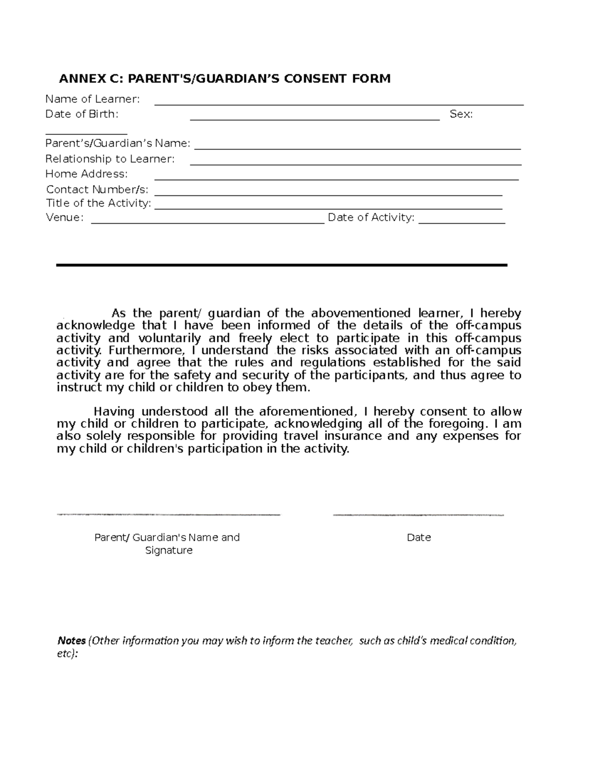 Consentform - consent forms for limited face-to-face - ANNEX C: PARENT ...