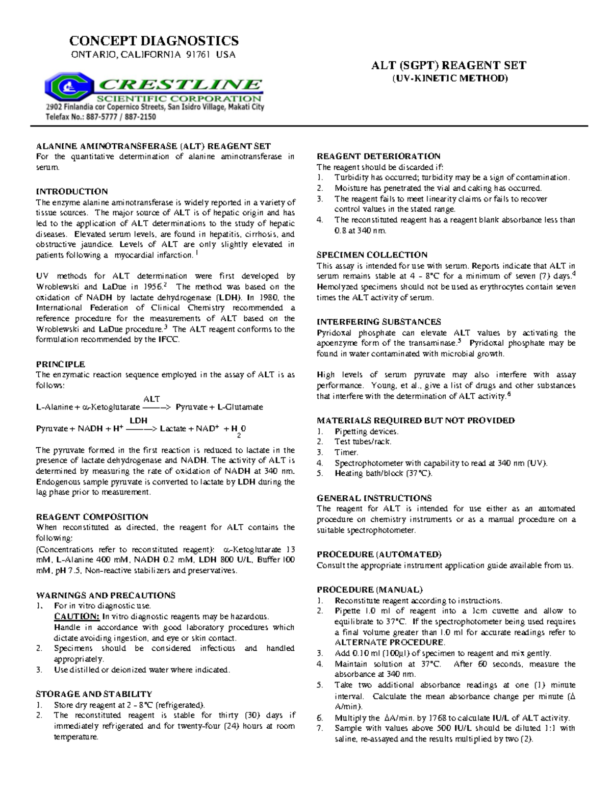 Concept Crestline ALT reagent kit - CONCEPT DIAGNOSTICS ONTARIO ...
