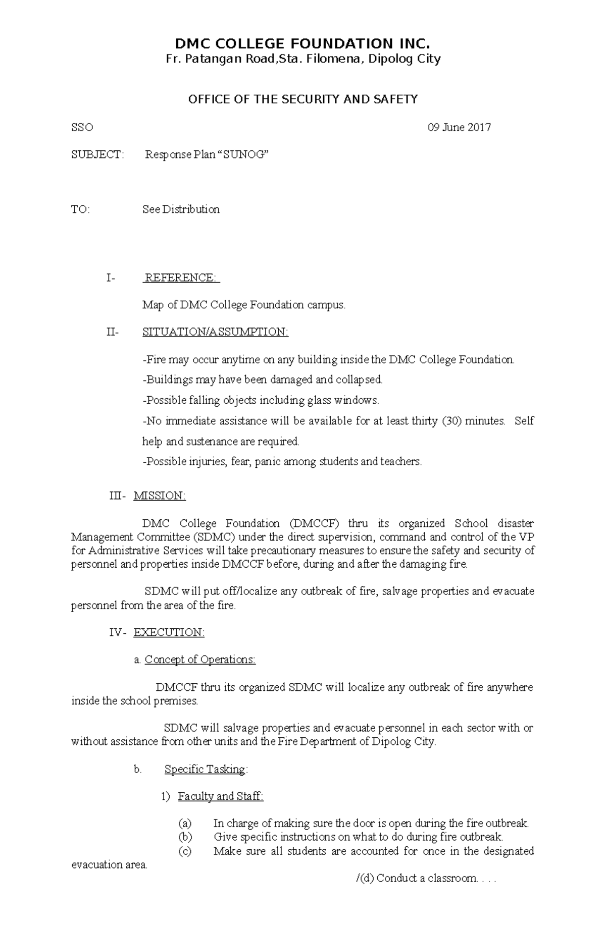 Response Plan Sunog - DMC COLLEGE FOUNDATION INC. Fr. Patangan Road,Sta ...