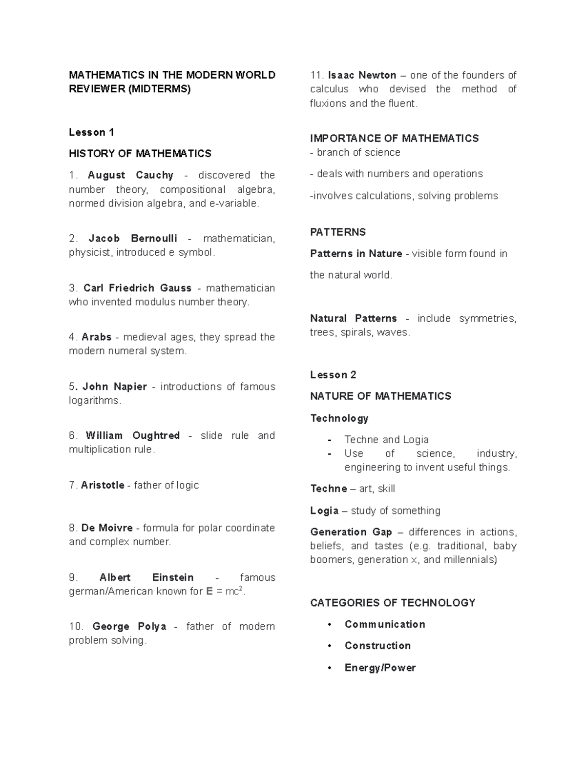 Mathematics IN THE World Reviewer - MATHEMATICS IN THE MODERN WORLD REVIEWER (MIDTERMS) Lesson 1 ...