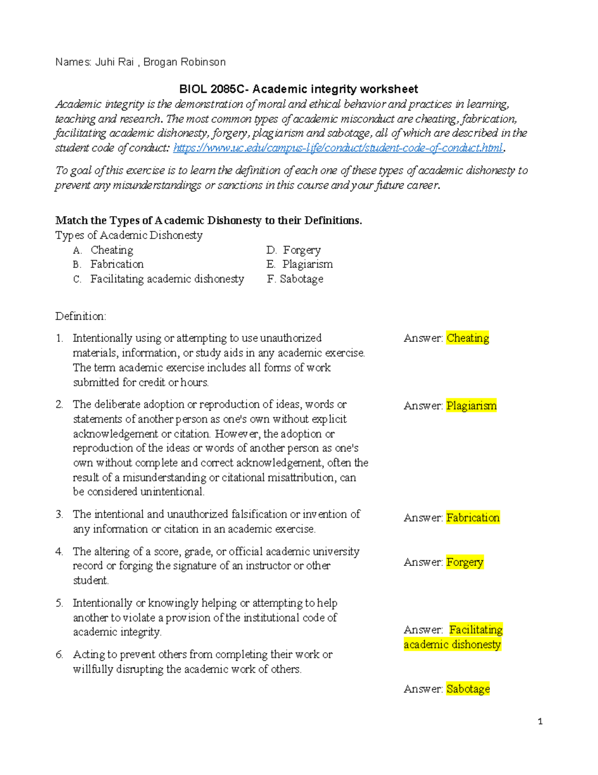 Academic Integrity Worksheet JB JGJ14 - Names: Juhi Rai , Brogan ...