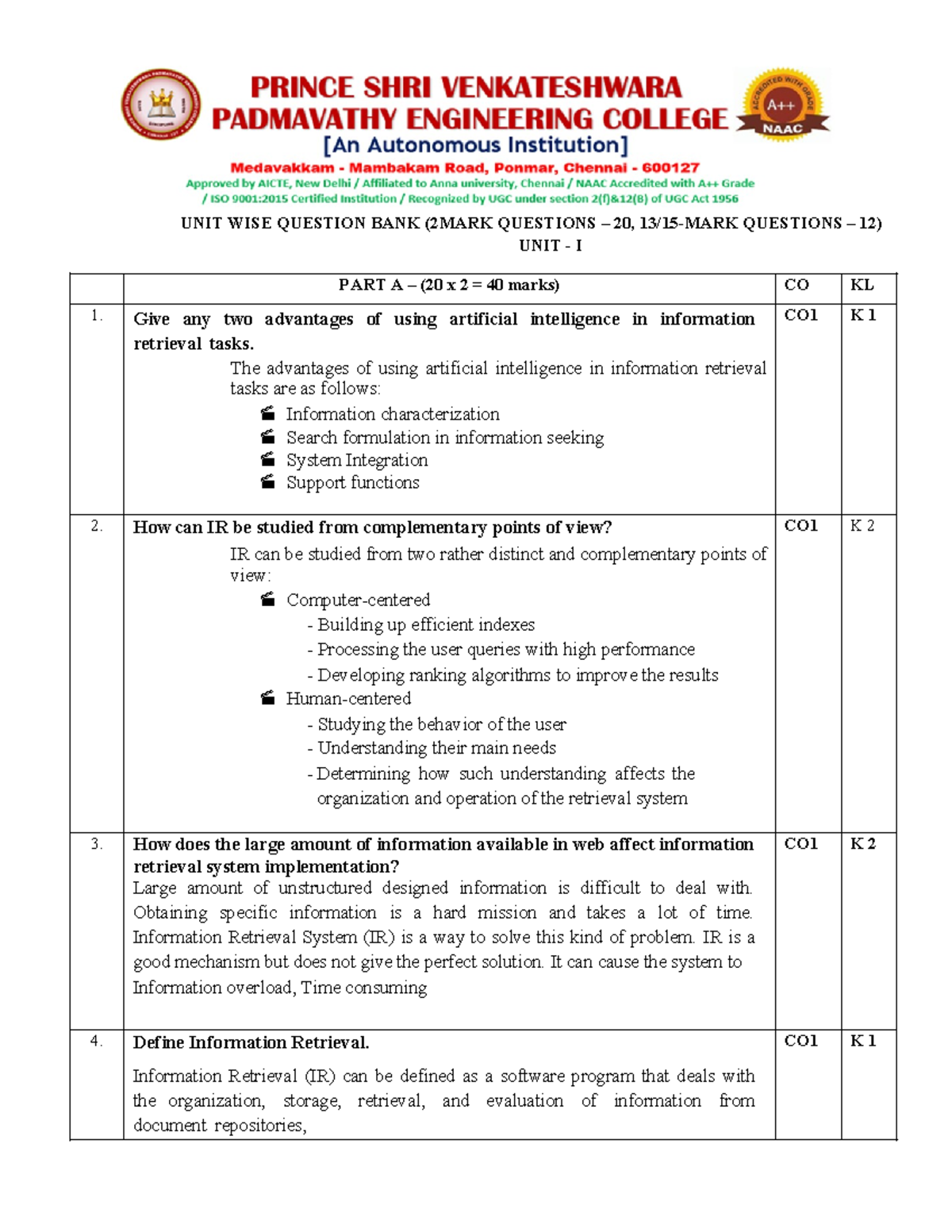 IRT Question Bank R17 - UNIT WISE QUESTION BANK (2MARK QUESTIONS – 20 ...