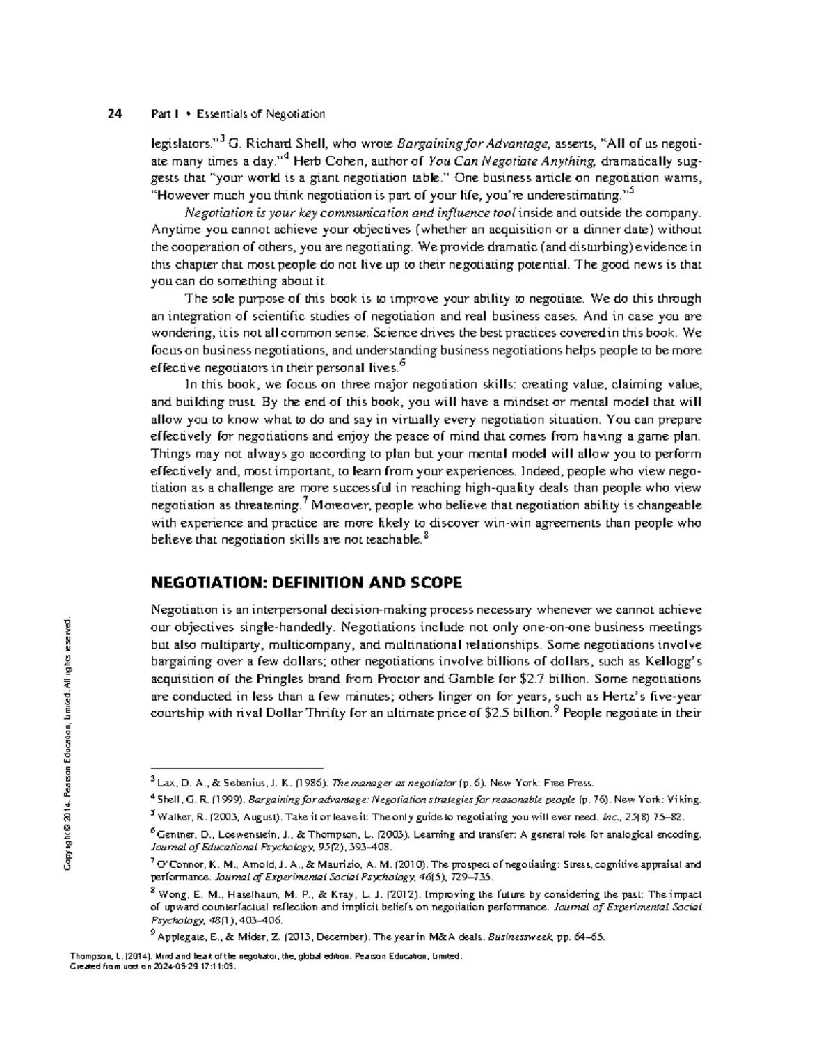 Mind and Heart of the Negotiator, the, Global Edit - 24 Part I • Essentials of Negotiation - Studocu