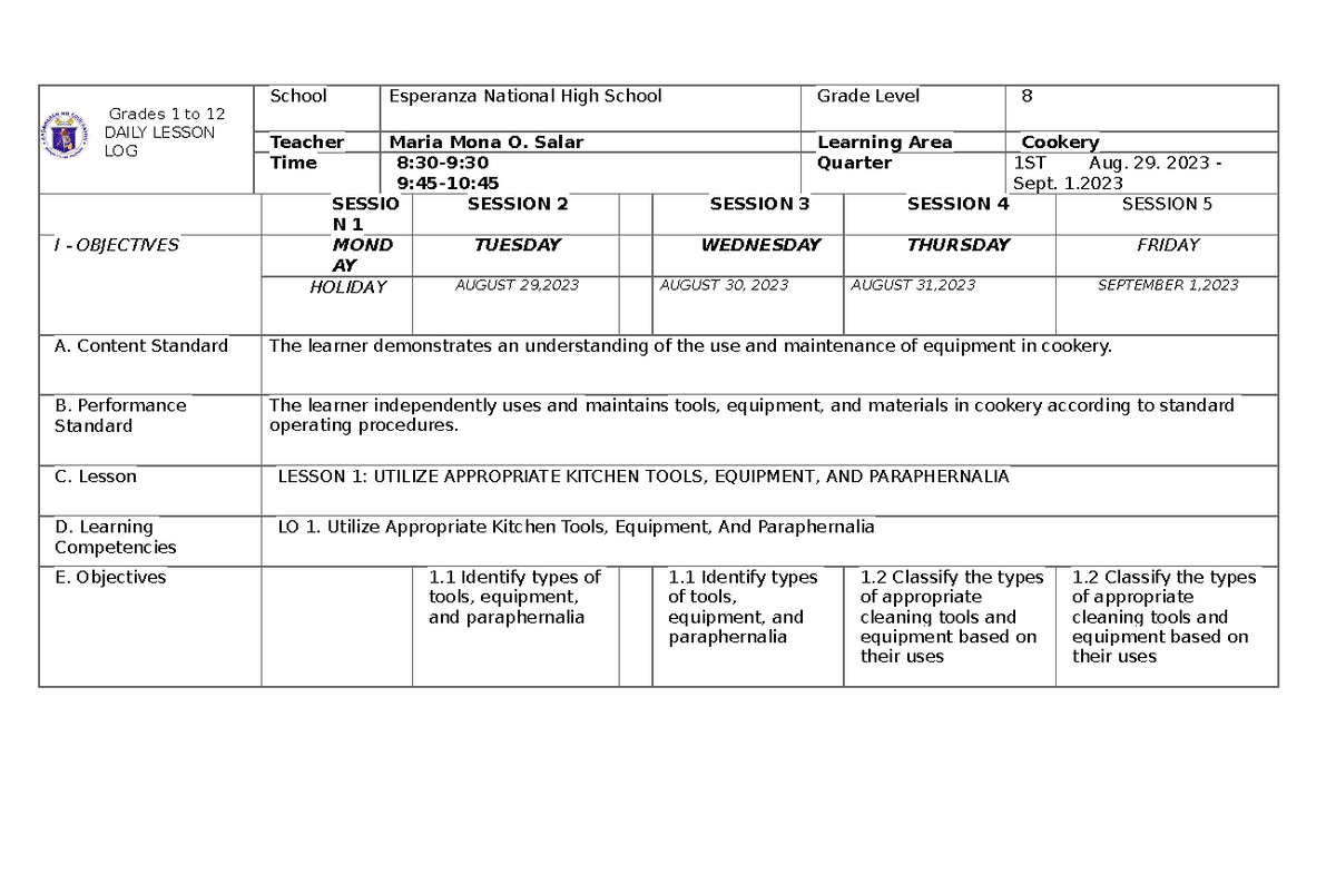 DLL-in-Cookery - dll - Grades 1 to 12 DAILY LESSON LOG School Esperanza ...