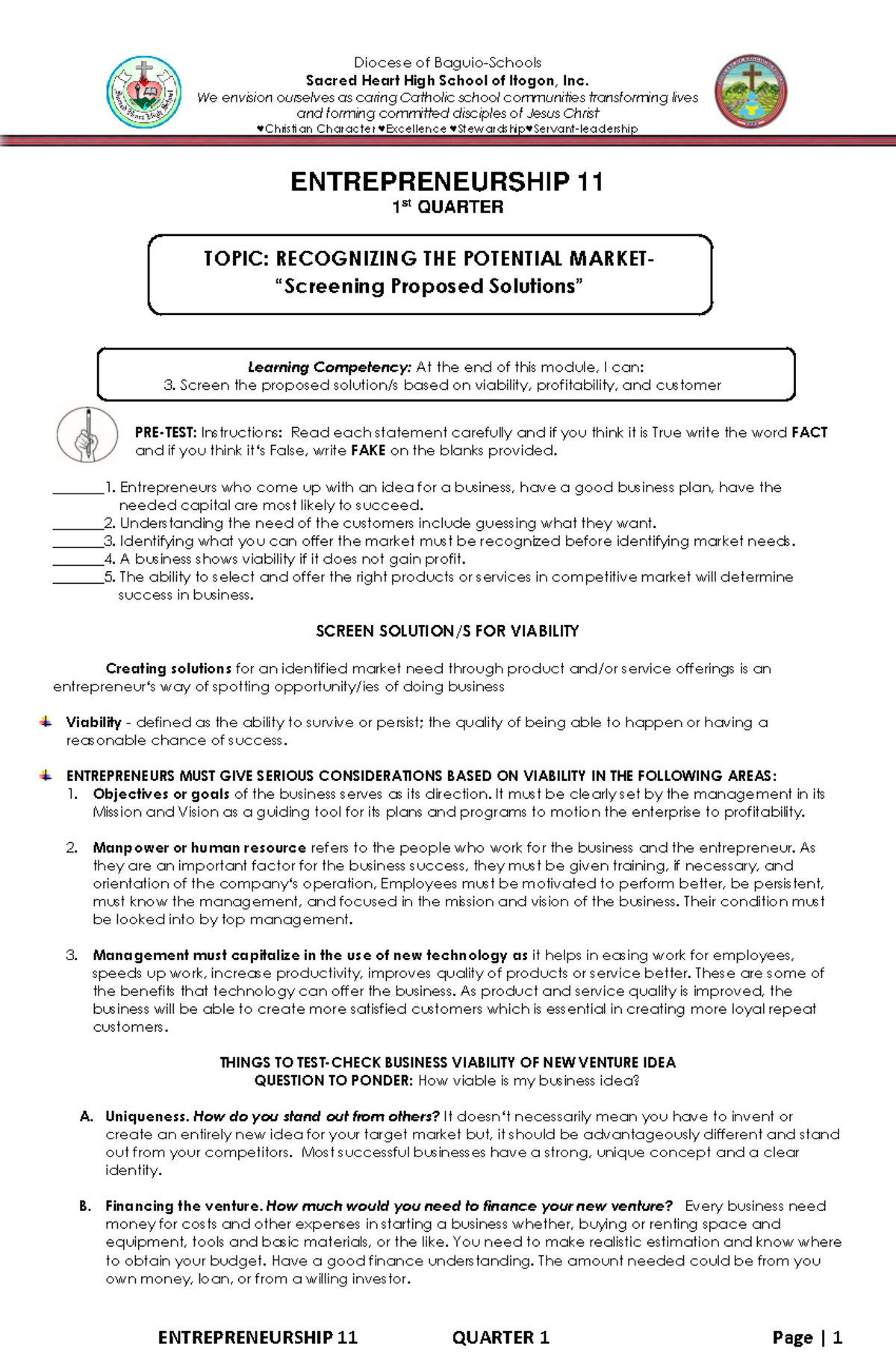 Entrep 11- Module 4 2022 - Diocese of Baguio-Schools Sacred Heart High ...