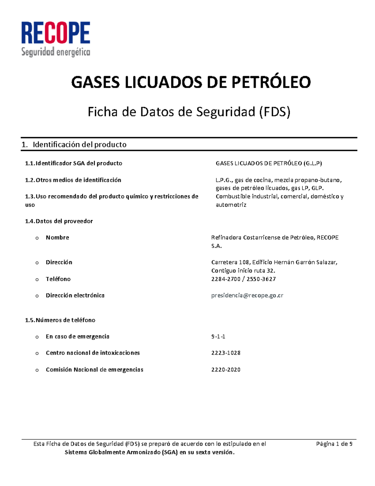 FDS Gas LP V 4 2023 - sga glp - Esta Ficha de Datos de Seguridad (FDS) se preparó de acuerdo con ...