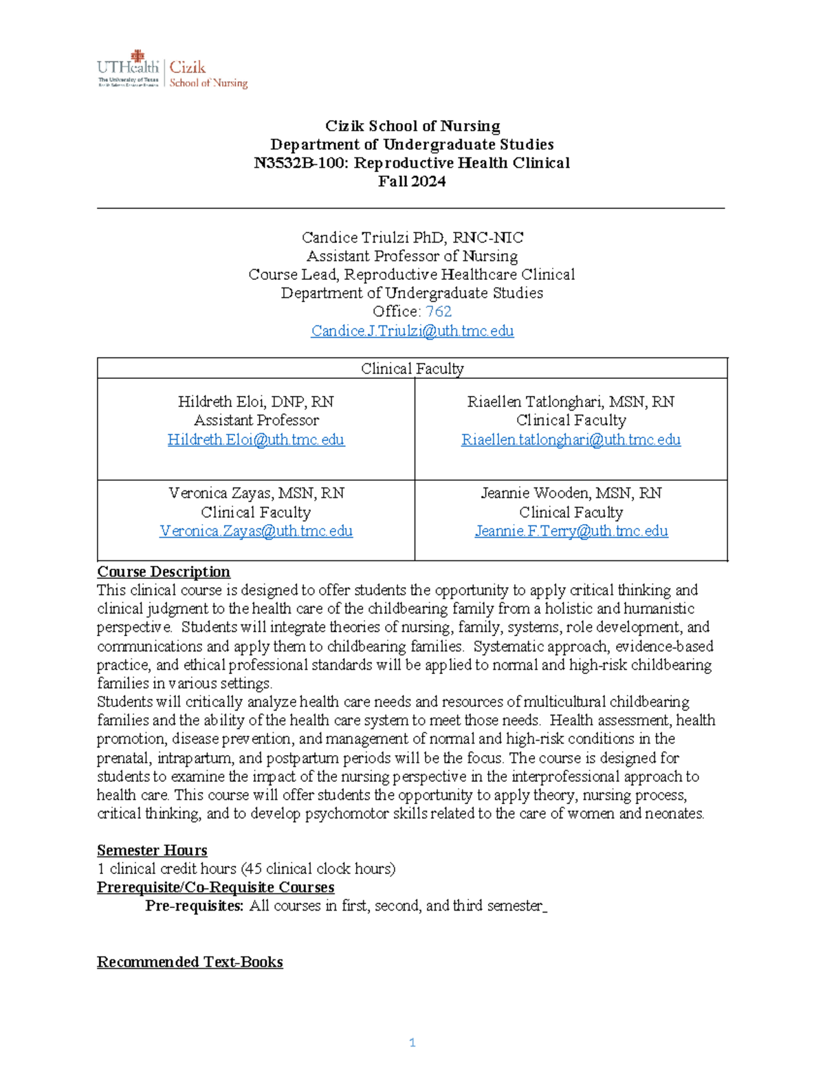 OB Clinical 100 Syllabus Fall 2024 Draft 8 - Cizik School of Nursing ...