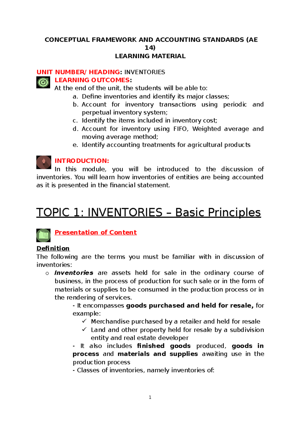 8. Inventories - This is only a lecture note. - CONCEPTUAL FRAMEWORK ...