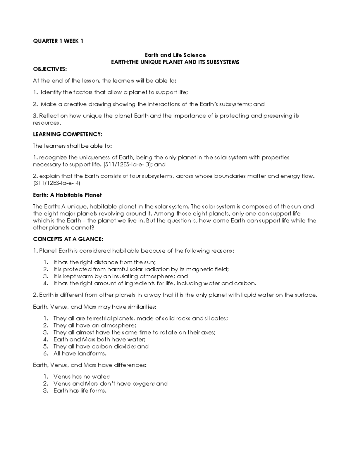 ELS-ALS WEEK 1 Q1 LAS - OTHERS - QUARTER 1 WEEK 1 Earth and Life ...