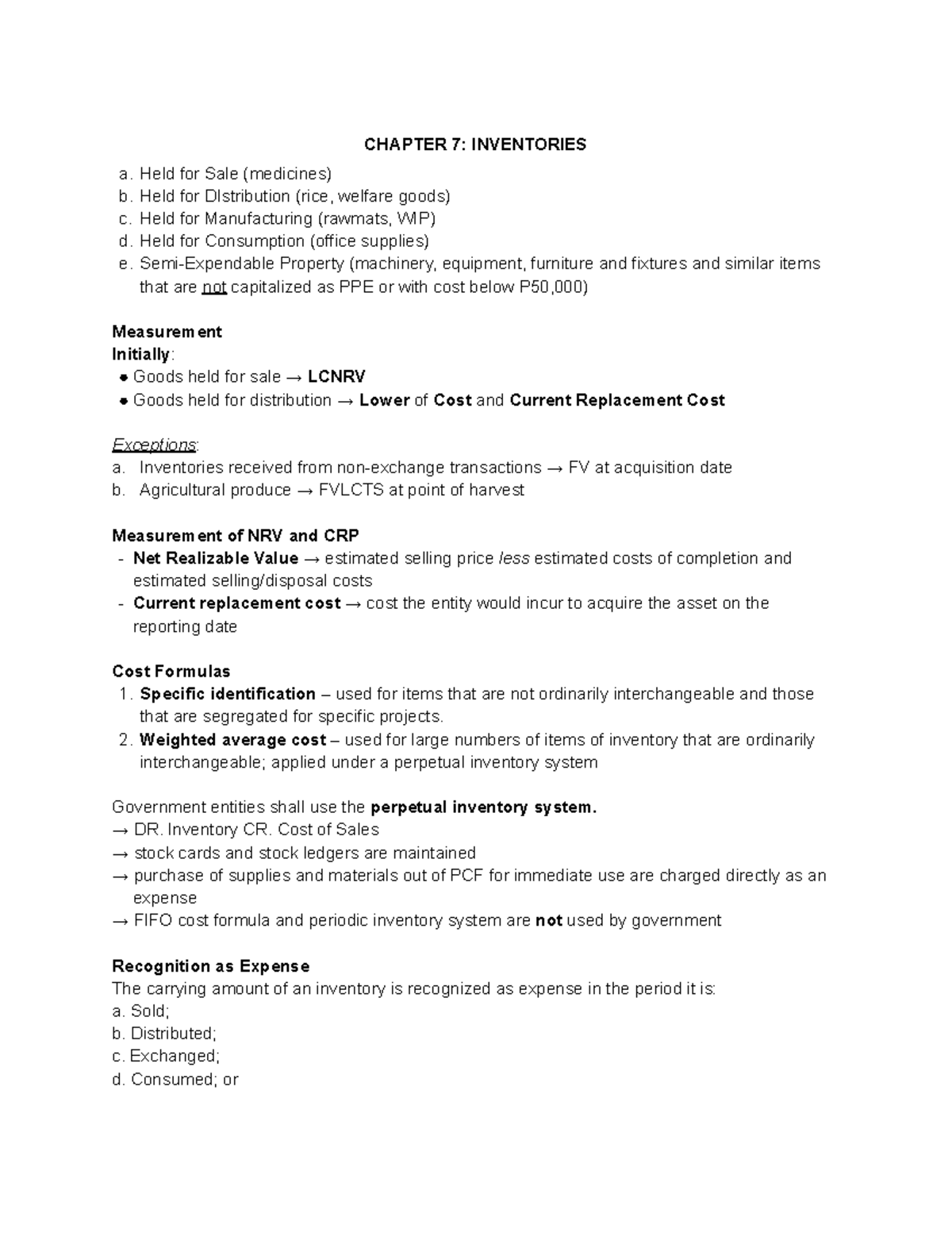 Chapter 7 Inventories - Summarized notes - CHAPTER 7: INVENTORIES a ...