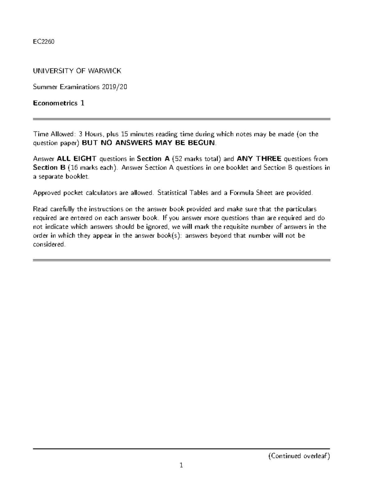 EC226 Econometrics 1: Practice Paper - UNIVERSITY OF WARWICK Summer Examinations 2019 ...