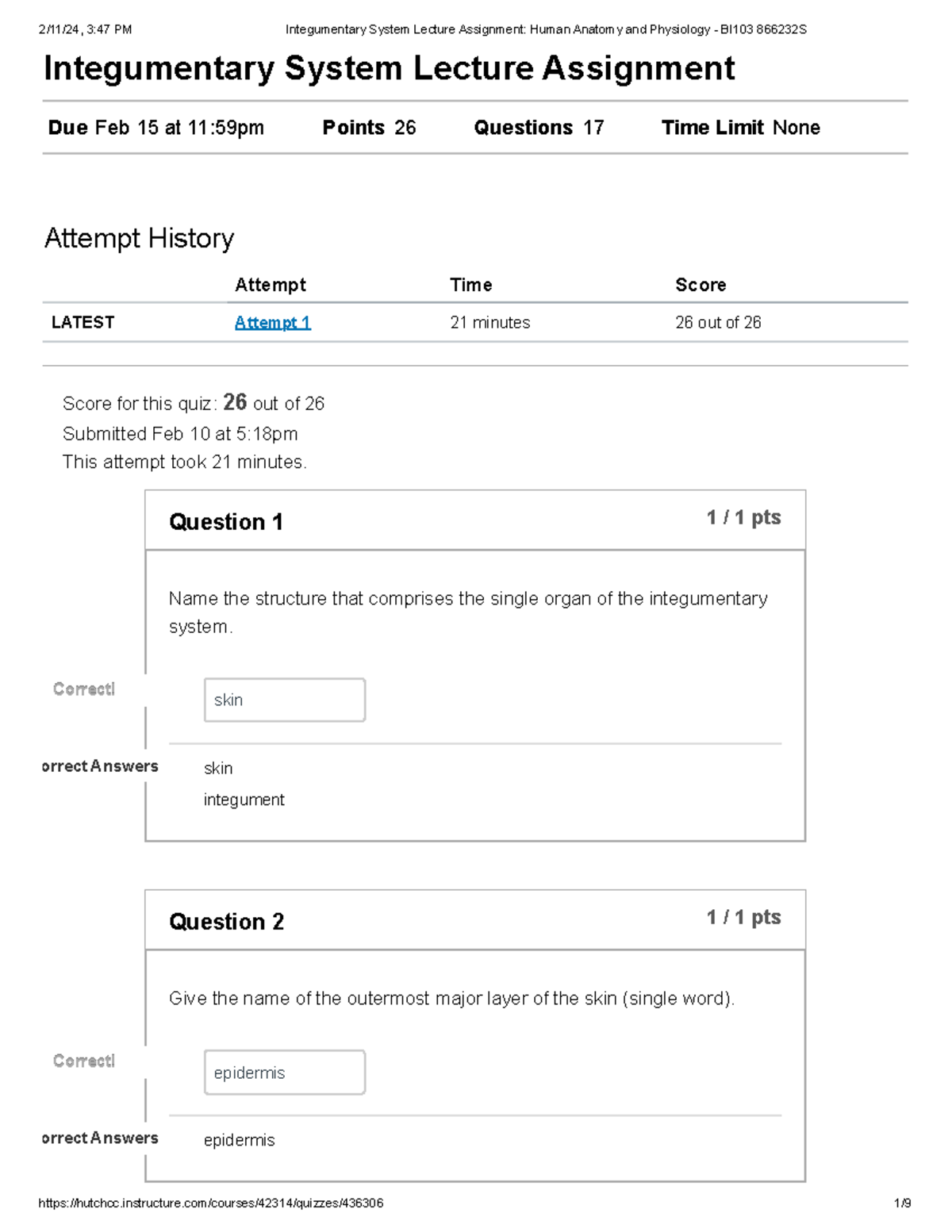 Integumentary System Lecture Assignment Human Anatomy and Physiology ...