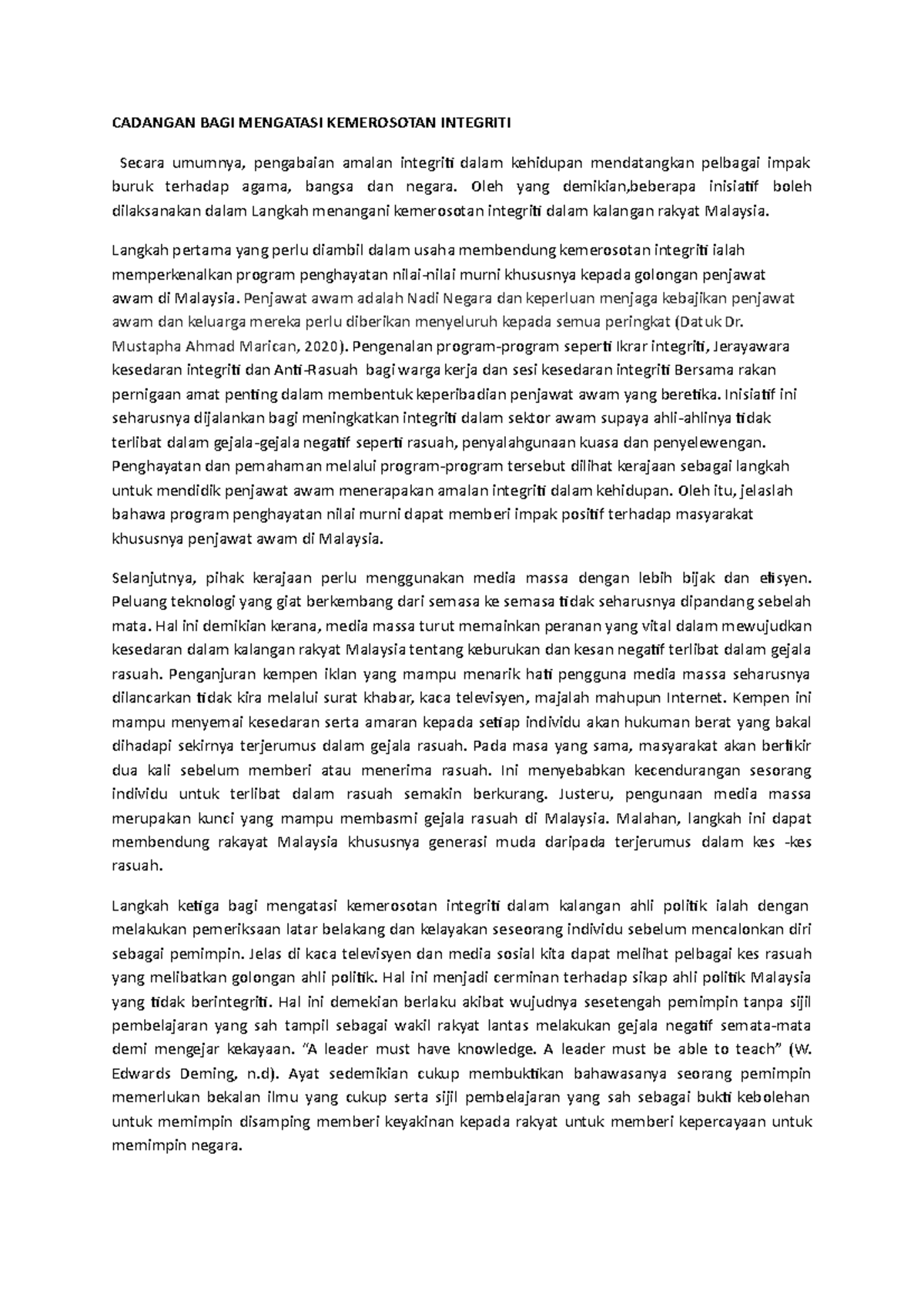 Cadangan BAGI Mengatasi Kemerosotan Integriti - CADANGAN BAGI MENGATASI ...