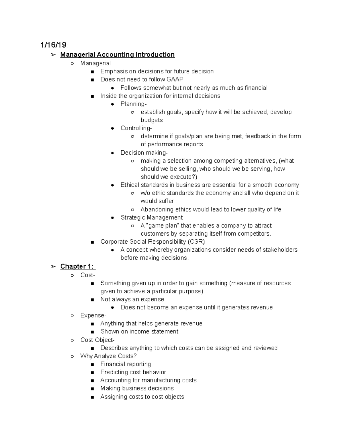 Accounting Notes Chapters 1-3 - 1/16/19: Managerial Accounting ...