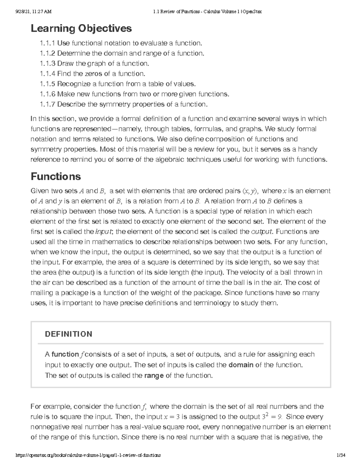 1.1 Review of Functions - Calculus Volume 1 Open Stax - Learning ...