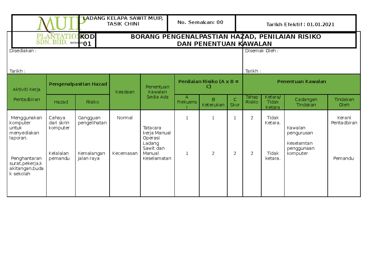 01 Pentadbiran - perladangan - Disediakan : Tarikh : Disemak Oleh ...