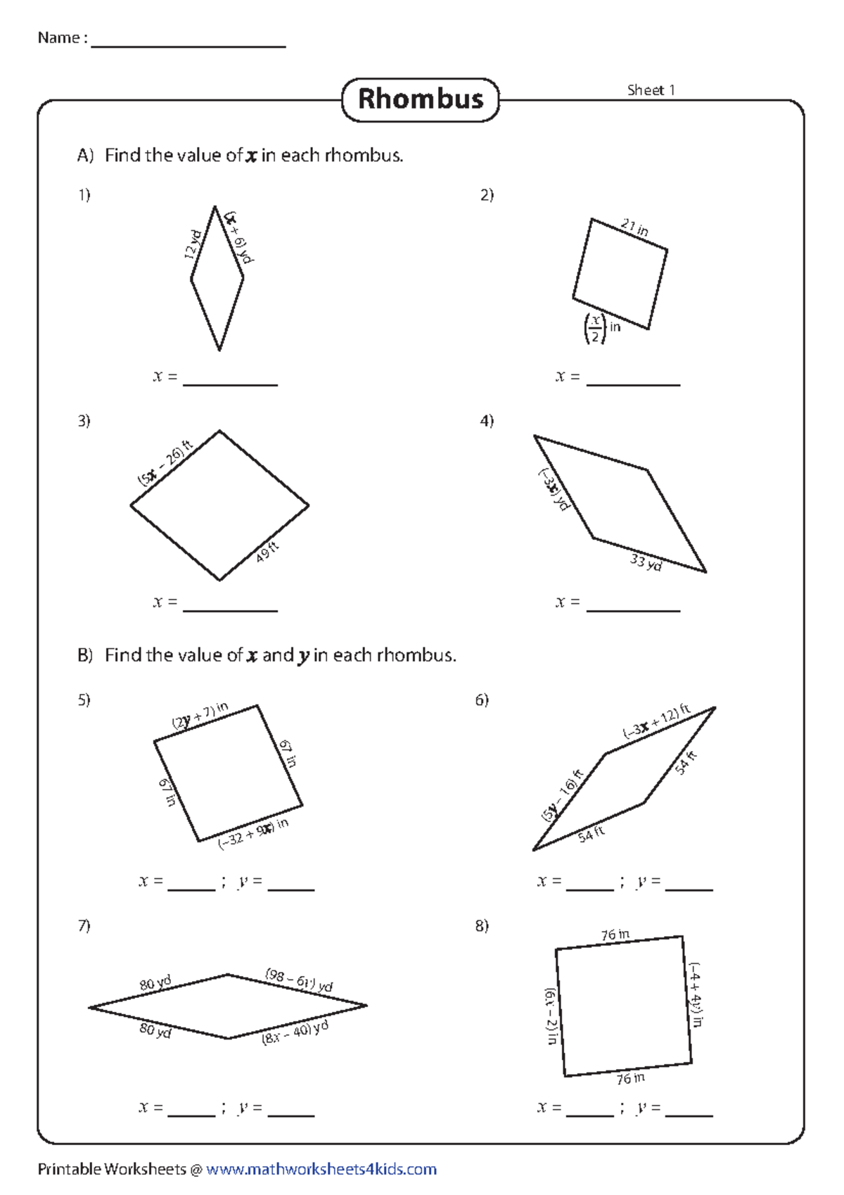 Rhombus find x - Math - 1) 2) 3) 4) = = = = 5) 6) 7) 8
