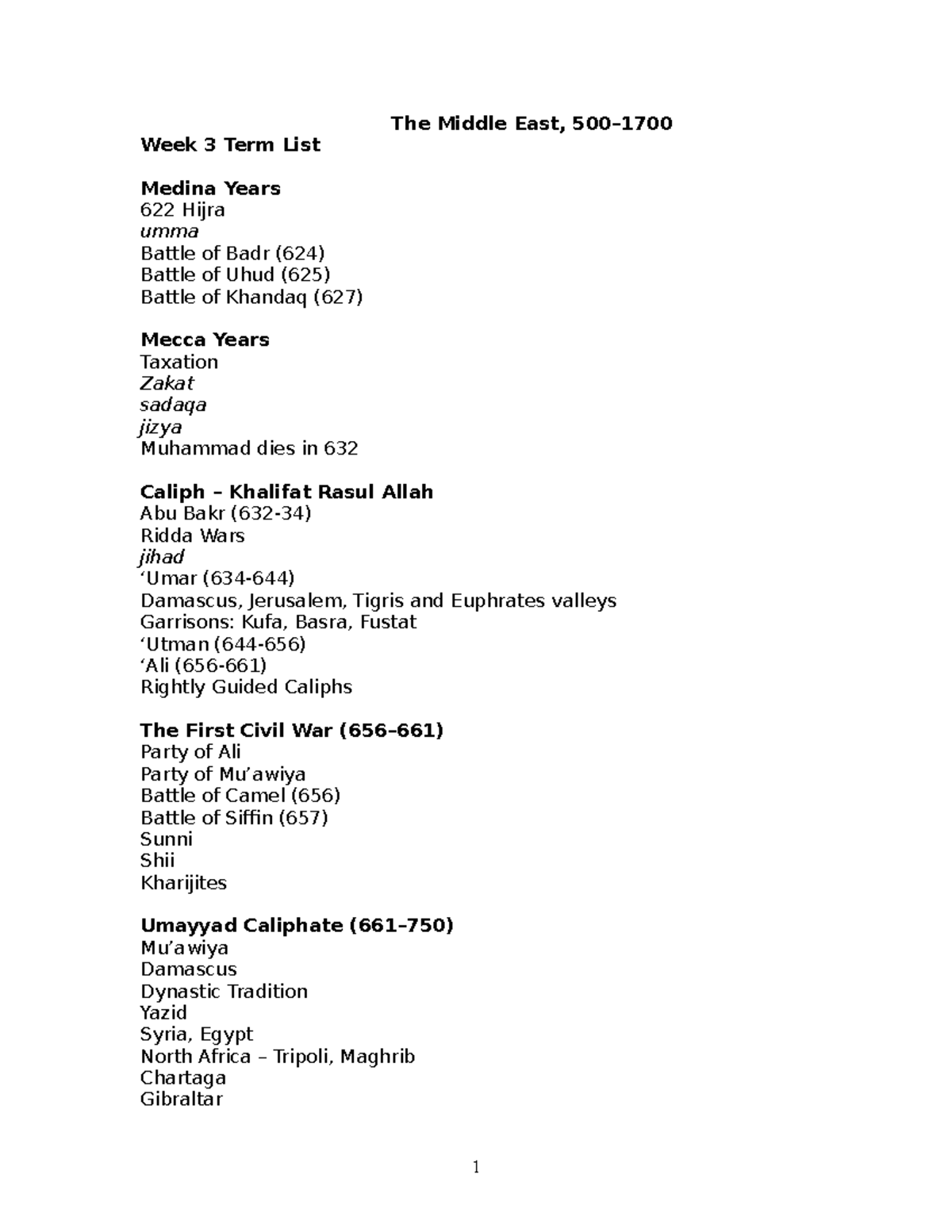 Week 3 Term List - Term list - The Middle East, 500– Week 3 Term List ...