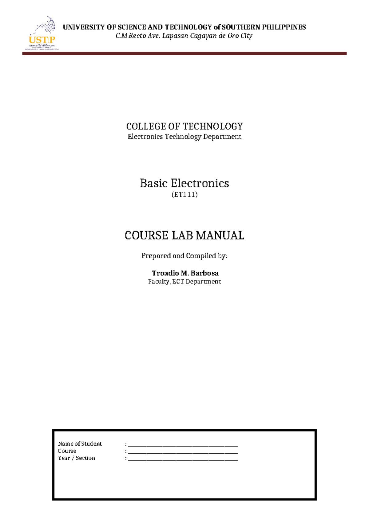 ET111 Lab Manual Basic Electronics-2022 - C Recto Ave. Lapasan Cagayan de Oro City COLLEGE OF ...