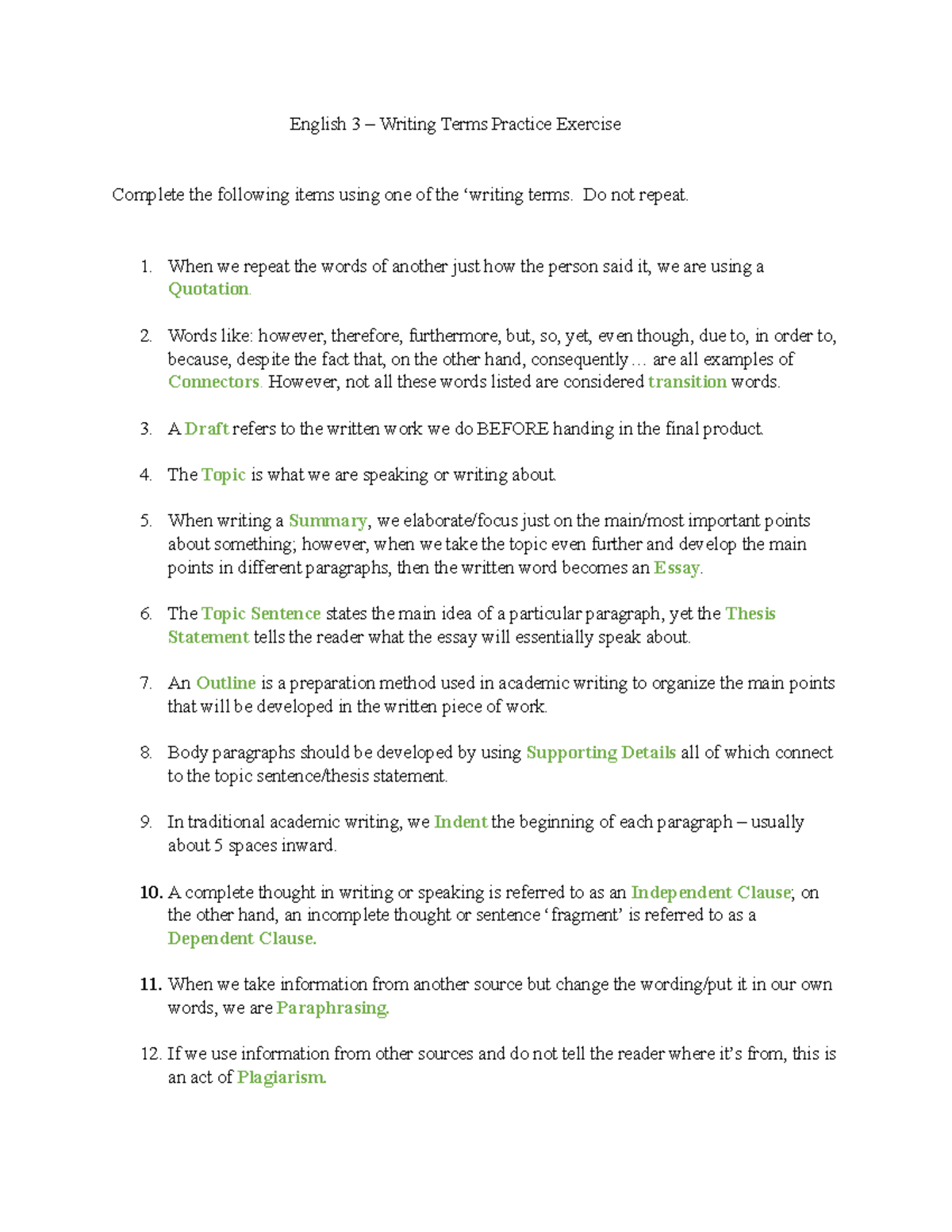 305 - Writing Terms Practice Exercise - English 3 – Writing Terms ...
