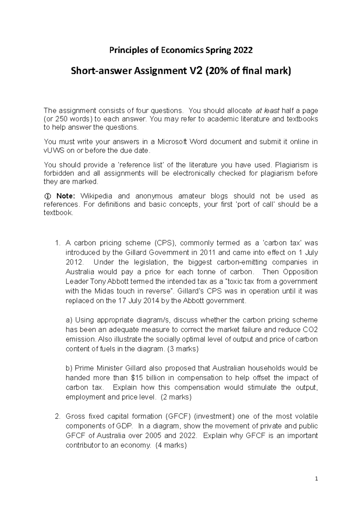 22S Short-answer assignment v2 - Principles of Economics Spring 2022 ...