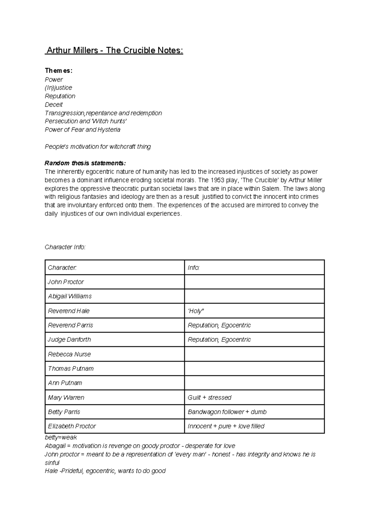 Arthur Miller's The Crucible Notes: Themes Characters and Examples ...