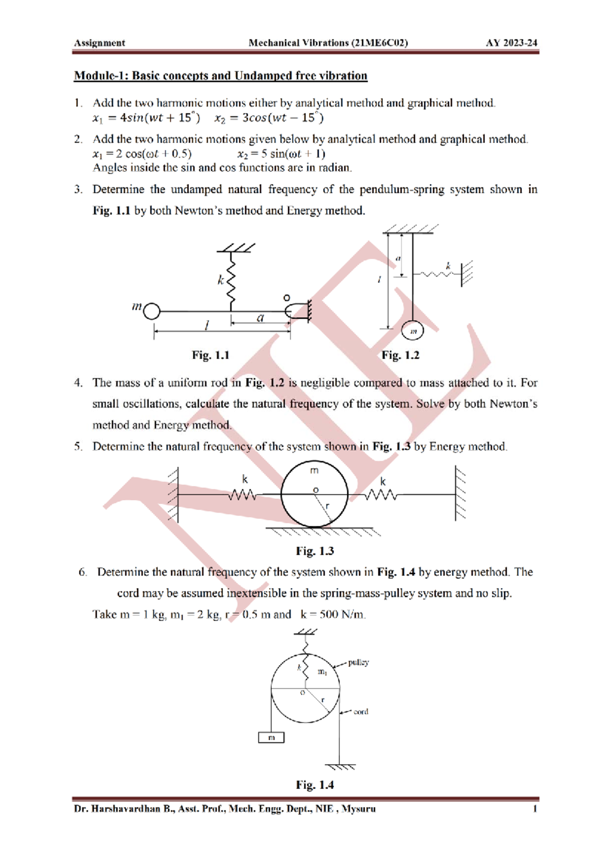 Assignment AY2023-24 upload - Assignment Mechanical Vibrations ...