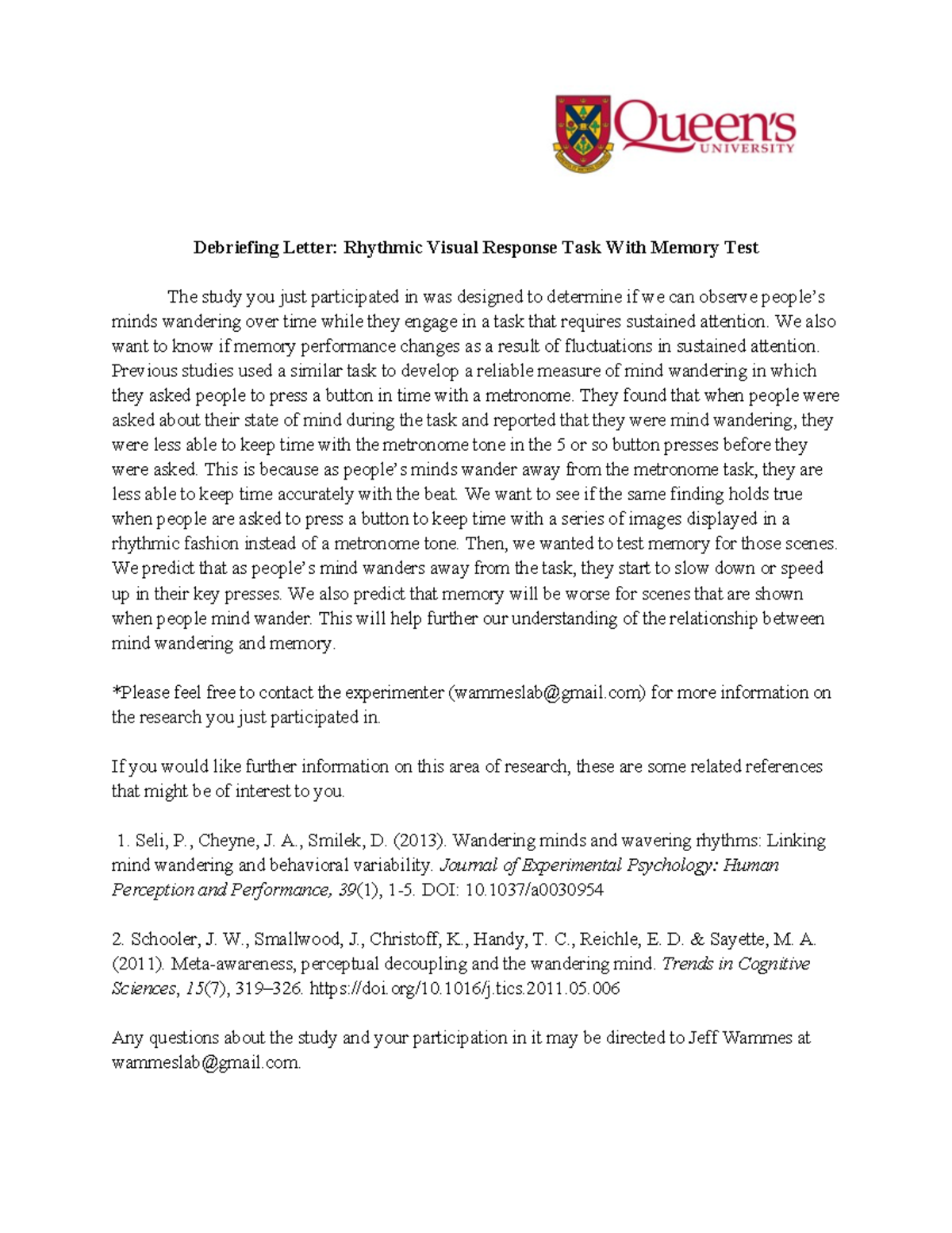 Debriefing - written - Debriefing Letter: Rhythmic Visual Response Task ...