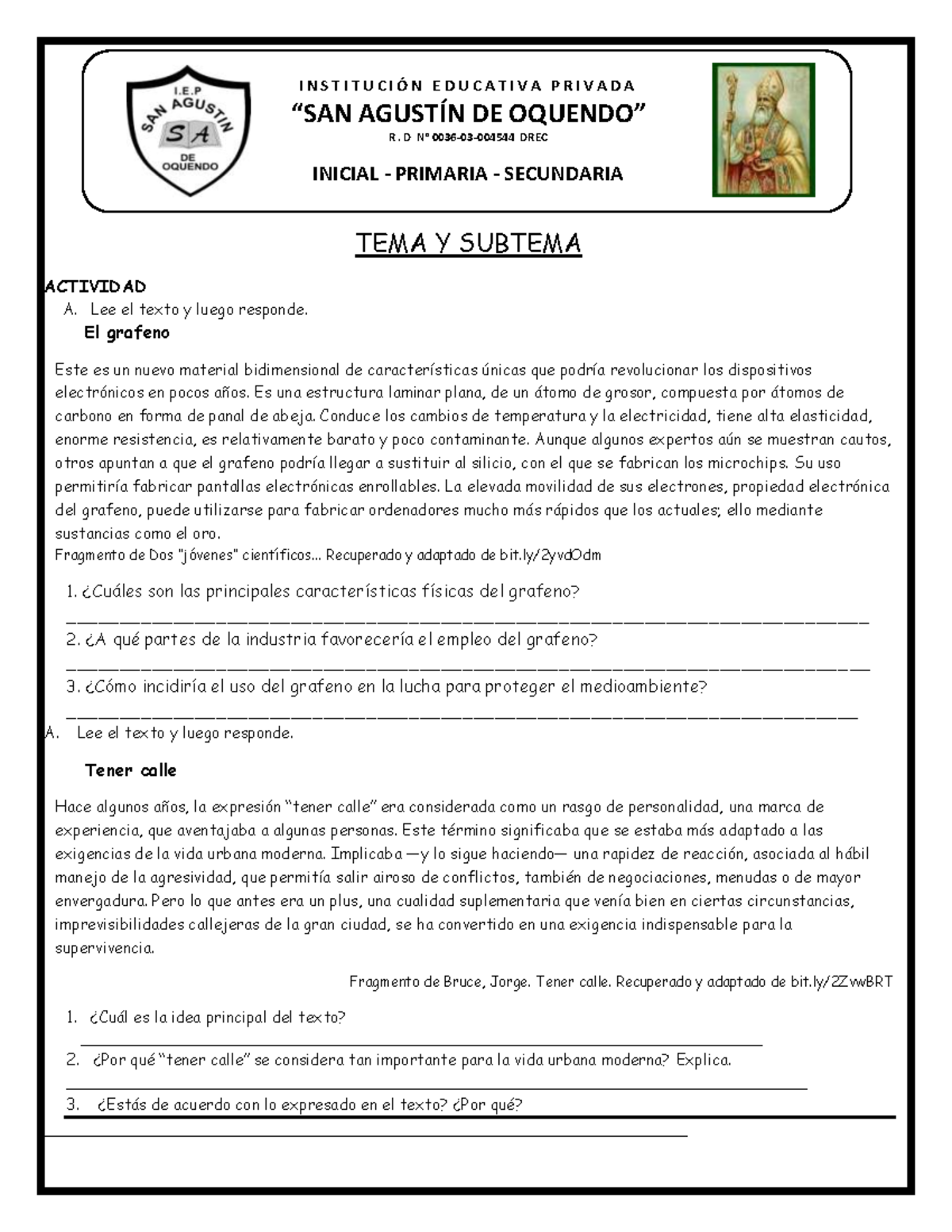 TEMA Y Subtema - material de ayuda - TEMA Y SUBTEMA ACTIVIDAD A. Lee el ...