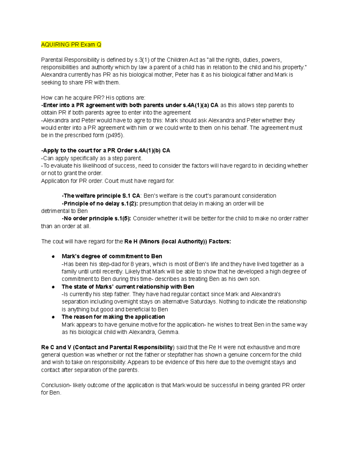 Aquiring PR Exam Answer Model - AQUIRING PR Exam Q Parental ...