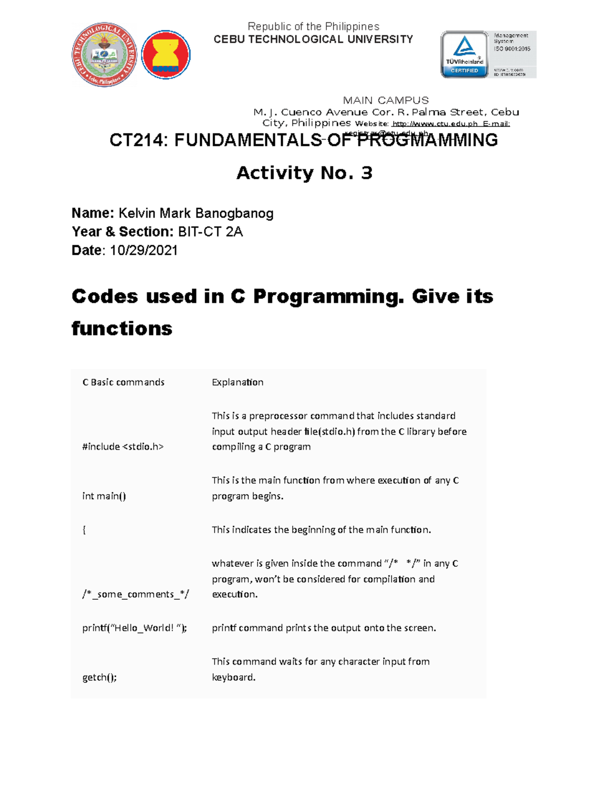 Activity No. 3 - bla - Republic of the Philippines CEBU TECHNOLOGICAL ...