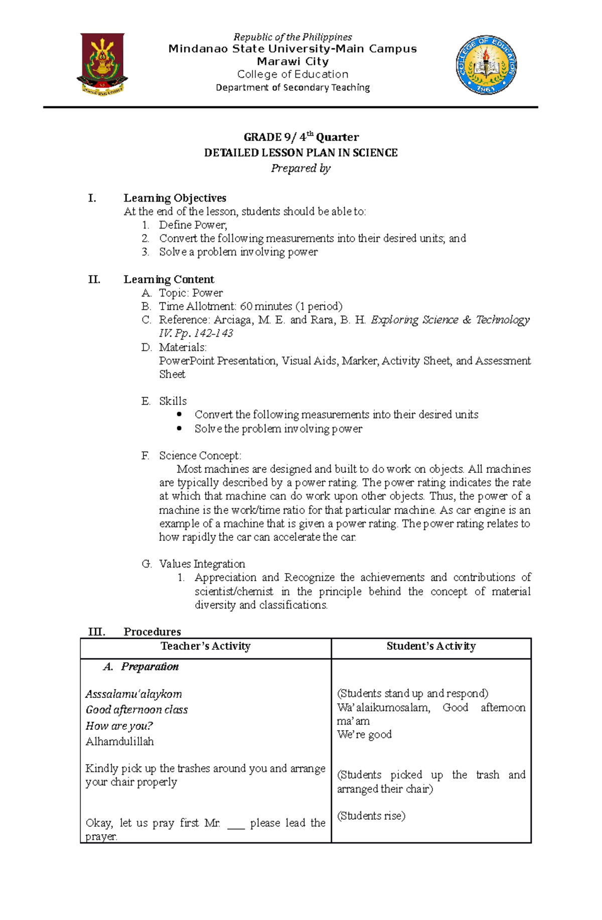 Detailed Lesson Plan - Power - GRADE 9/ 4th Quarter DETAILED LESSON ...