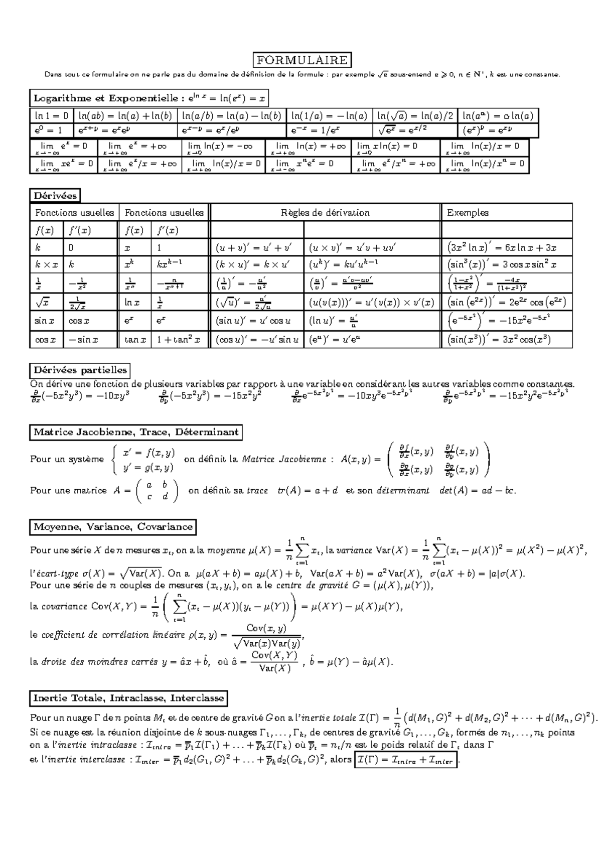 Formulaire - Formules dérivations de base - FORMULAIRE Dans tout ce ...