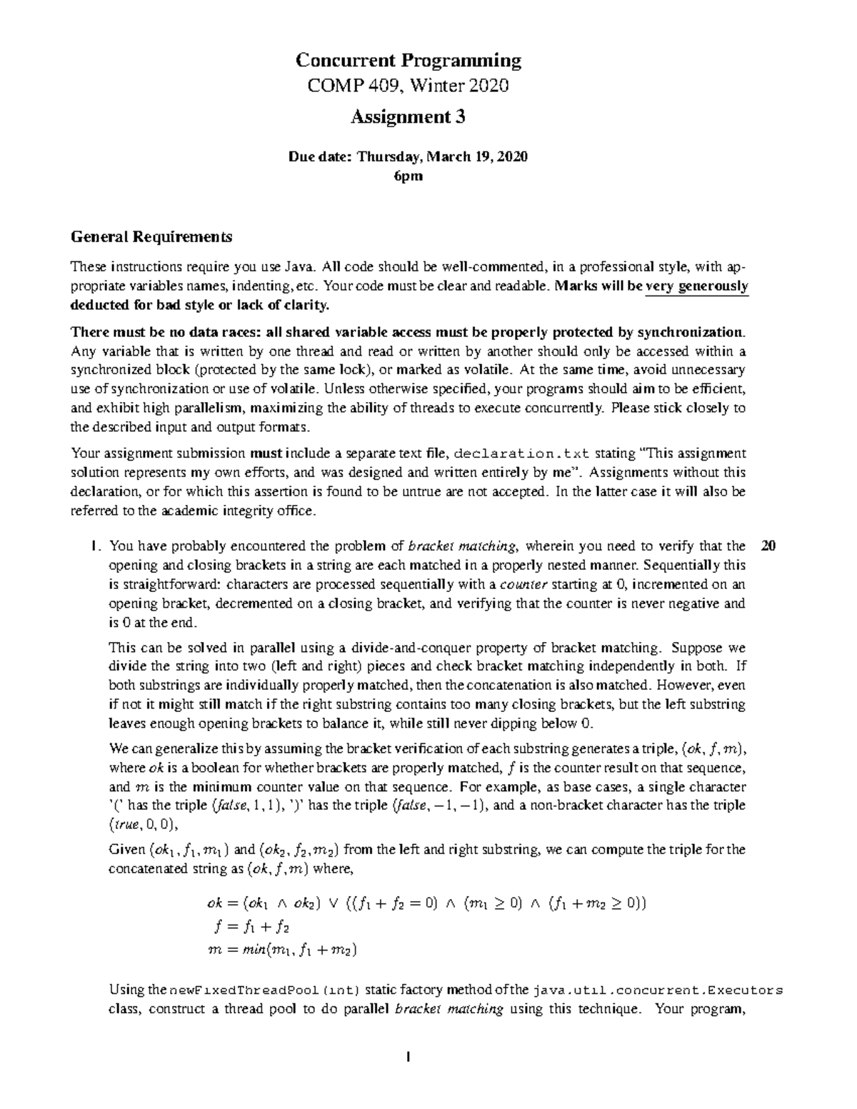 Assignment 3 - Winter 2020 - Concurrent Programming COMP 409, Winter ...