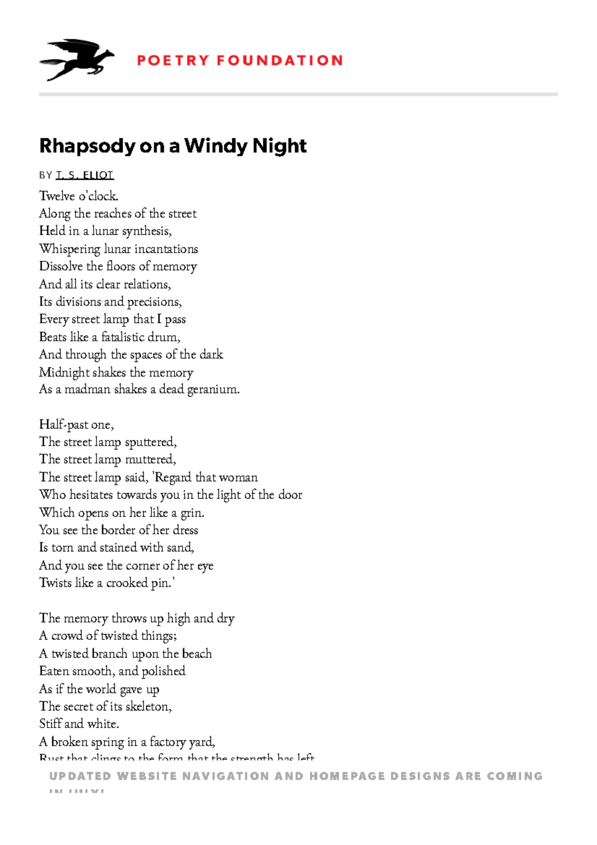 Rhapsody on a Windy Night by T. S. Eliot Poetry Foundation - Rhapsody ...