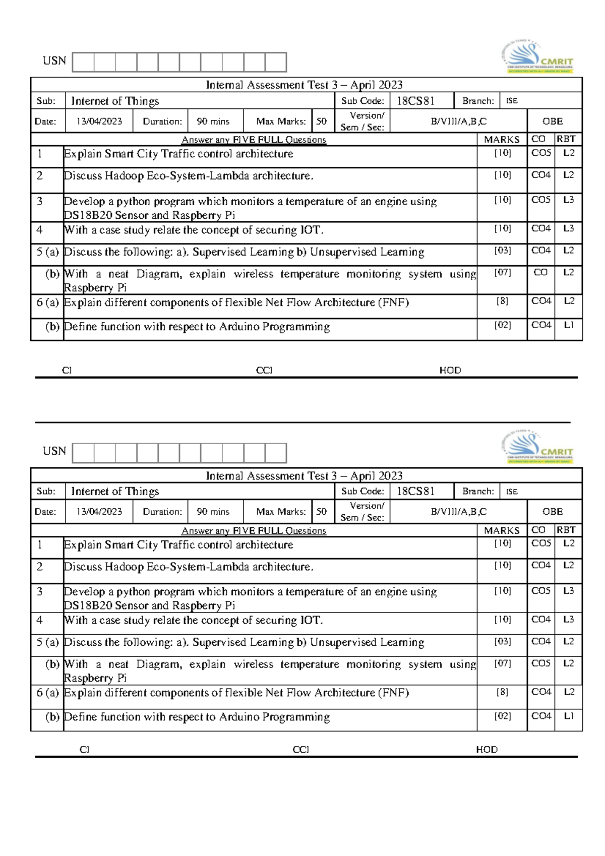 IAT-III Question Paper with Solution of 18CS81 Internet of Things April ...