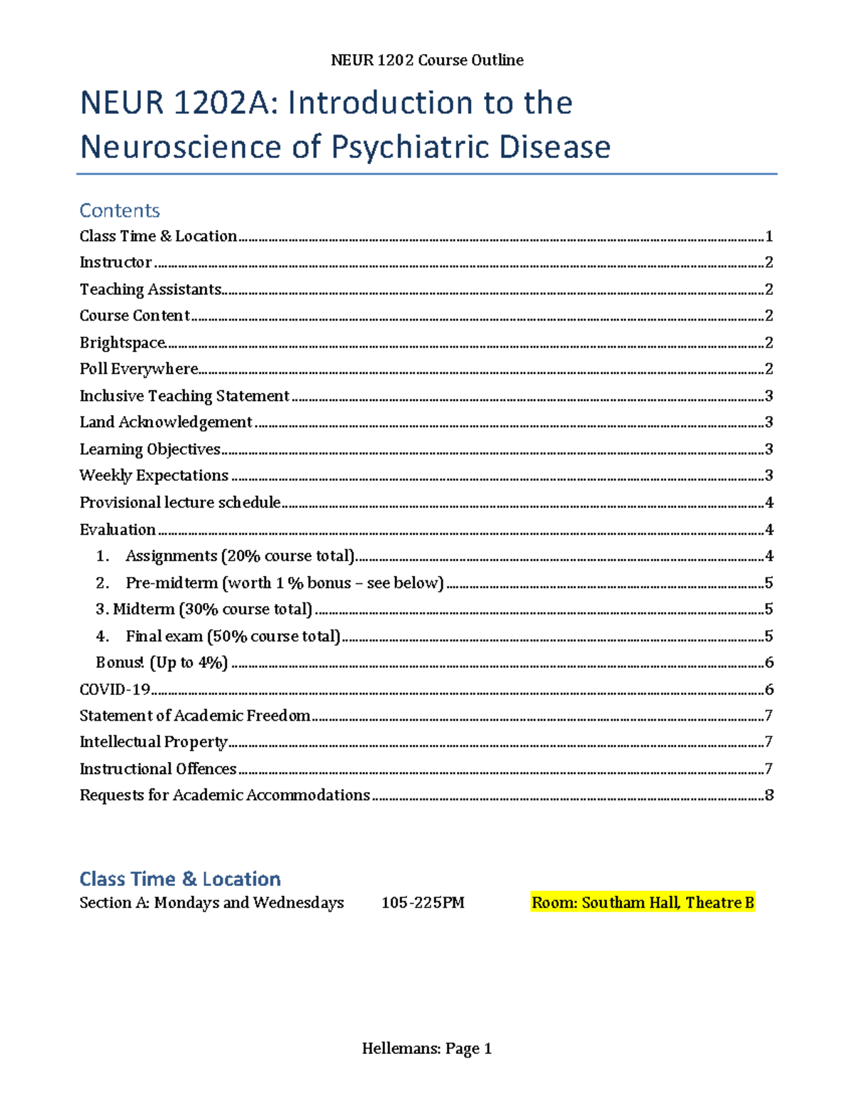 NEUR 1202 course outline Fall 2022 - NEUR 1202A: Introduction to the ...