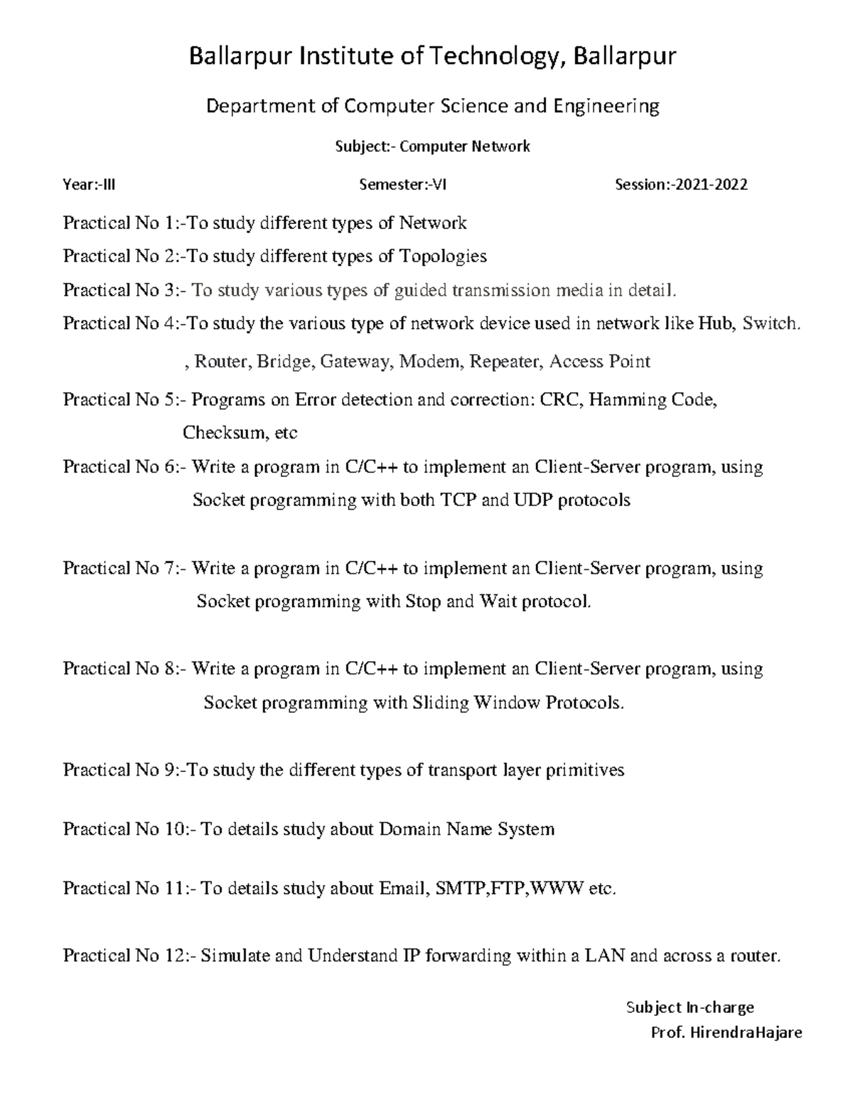 Computer Network - Ballarpur Institute of Technology, Ballarpur ...